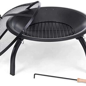 LEAYAN Garden Fire Pit Grill Bowl Grill Barbecue Rack 22 inch Fire Pit Steel Folding Outdoor Patio Heater Grill Camping Bowl BBQ with Poker, Grate, Grill with Cover BBQ Cooking for Camping Backyard