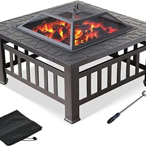 LEAYAN Garden Fire Pit Grill Bowl Grill Barbecue Rack 32In Outdoor Fire Pit Metal Square Firepit Patio Stove Wood Burning BBQ Grill Fire Pit Bowl with Spark Screen Cover, Poker