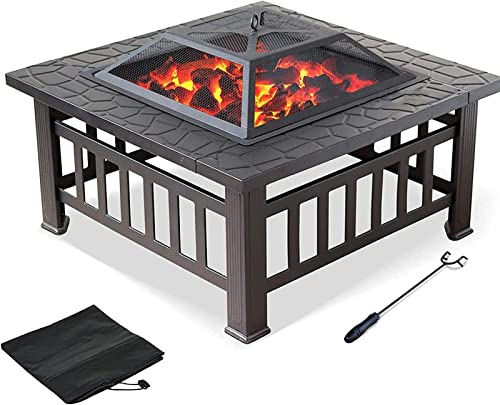 LEAYAN Garden Fire Pit Grill Bowl Grill Barbecue Rack 32In Outdoor Fire Pit Metal Square Firepit Patio Stove Wood Burning BBQ Grill Fire Pit Bowl with Spark Screen Cover, Poker