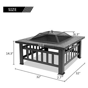 LEAYAN Garden Fire Pit Grill Bowl Grill Barbecue Rack 32In Outdoor Fire Pit Metal Square Firepit Patio Stove Wood Burning BBQ Grill Fire Pit Bowl with Spark Screen Cover, Poker