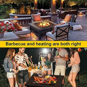 LEAYAN Garden Fire Pit Grill Bowl Grill Barbecue Rack 32In Outdoor Fire Pit Metal Square Firepit Patio Stove Wood Burning BBQ Grill Fire Pit Bowl with Spark Screen Cover, Poker