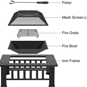 LEAYAN Garden Fire Pit Grill Bowl Grill Barbecue Rack 32In Outdoor Fire Pit Metal Square Firepit Patio Stove Wood Burning BBQ Grill Fire Pit Bowl with Spark Screen Cover, Poker