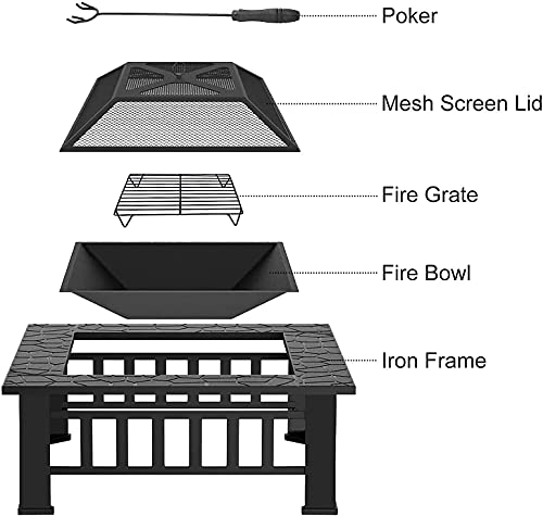 LEAYAN Garden Fire Pit Grill Bowl Grill Barbecue Rack 32In Outdoor Fire Pit Metal Square Firepit Patio Stove Wood Burning BBQ Grill Fire Pit Bowl with Spark Screen Cover, Poker