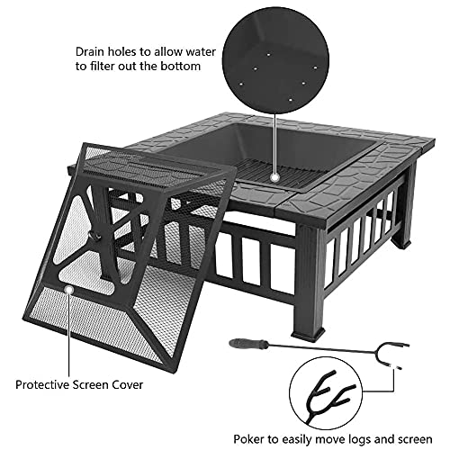 LEAYAN Garden Fire Pit Grill Bowl Grill Barbecue Rack 32In Outdoor Fire Pit Metal Square Firepit Patio Stove Wood Burning BBQ Grill Fire Pit Bowl with Spark Screen Cover, Poker