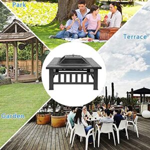 LEAYAN Garden Fire Pit Grill Bowl Grill Barbecue Rack 32In Outdoor Fire Pit Metal Square Firepit Patio Stove Wood Burning BBQ Grill Fire Pit Bowl with Spark Screen Cover, Poker