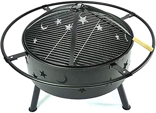 LEAYAN Garden Fire Pit Portable Grill Barbecue Rack Outdoor Round Fire Pit - Outdoor Bronze Fire Pit Metal Poker Iron, Mesh Ember Spark Guard Screen Cover with Cover BBQ Cooking for Camping Backyard