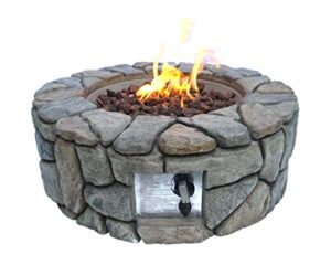 teamson home round stone look propane gas fire pit fire table with etl certification, pvc cover and lava rocks for outdoor patio garden backyard decking décor, 40,000 btu, 28 inch length, gray