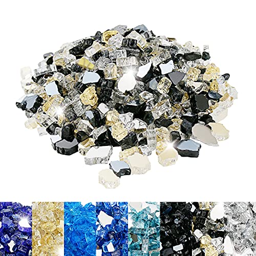 Utheer Fire Glass for Fire Pit, 1/2 Inch Reflective Fire Glass for Propane Fire Pit, Fire Pit Rocks Safe for Outdoors and Indoors Fire Pit, Blended Ultra-White, Black, Gold Fire Glass, 10 Pounds