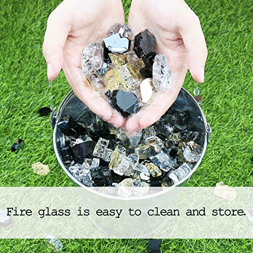 Utheer Fire Glass for Fire Pit, 1/2 Inch Reflective Fire Glass for Propane Fire Pit, Fire Pit Rocks Safe for Outdoors and Indoors Fire Pit, Blended Ultra-White, Black, Gold Fire Glass, 10 Pounds