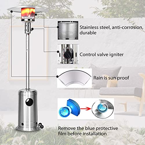 ROMONICA 48,000BTU Outdoor Patio Heater Tall Standing Hammered Finish Garden Outdoor Heater Propane Standing, Stainless steel outdoor space gas heater with wheels, Silvery - 3 set