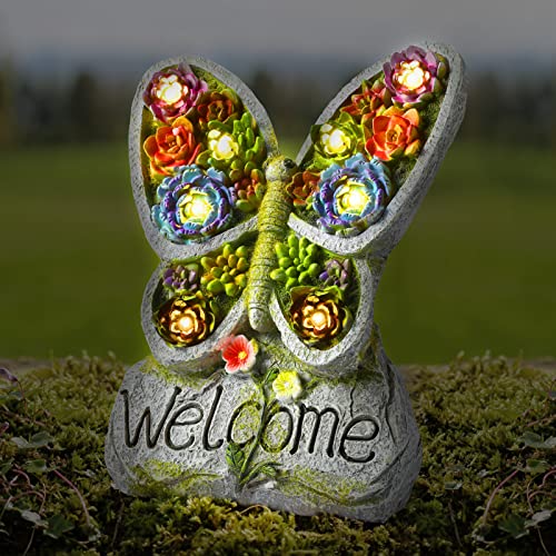 KULEDM Solar Garden Sculptures & Statues -Succulent Butterfly Resin Craft Garden Statue Outdoor Decor with Solar Powered 8 LED Lights for Garden, Patio, Lawn, Yard, Balcony, Porch’