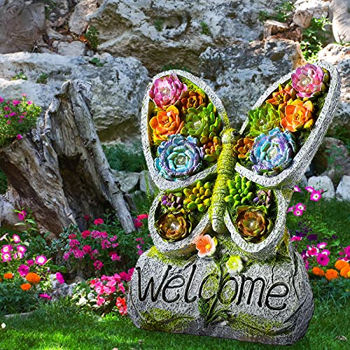 KULEDM Solar Garden Sculptures & Statues -Succulent Butterfly Resin Craft Garden Statue Outdoor Decor with Solar Powered 8 LED Lights for Garden, Patio, Lawn, Yard, Balcony, Porch’