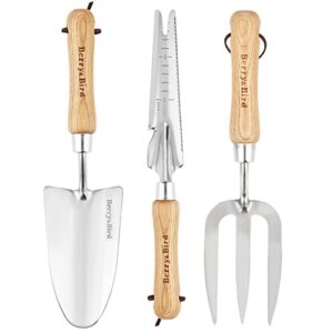 berry&bird 3pack gardening hand tool set- stainless steel garden tool kit include wooden handle trowel, hand fork & weeder for weeding planting transplant & measuring, ideal garden gift for women&men