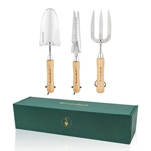 Berry&Bird 3Pack Gardening Hand Tool Set- Stainless Steel Garden Tool Kit Include Wooden Handle Trowel, Hand Fork & Weeder for Weeding Planting Transplant & Measuring, Ideal Garden Gift for Women&Men