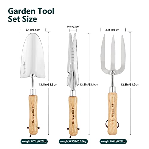 Berry&Bird 3Pack Gardening Hand Tool Set- Stainless Steel Garden Tool Kit Include Wooden Handle Trowel, Hand Fork & Weeder for Weeding Planting Transplant & Measuring, Ideal Garden Gift for Women&Men