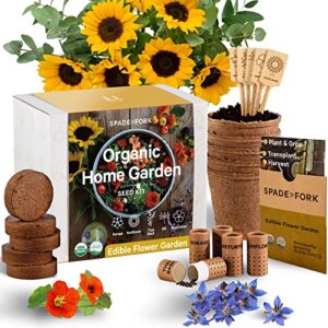 organic edible flower garden seed kit – 23pc indoor garden with soil, pots, plant markers, usda organic non-gmo seeds & illustrated instructions – sunflower, borage, thai basil, dill, nasturtium