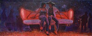 pow-wow after glow (hearts glow, on the edge of rainbow) by shonto begay, original acrylic on canvas, 16″ x 40″