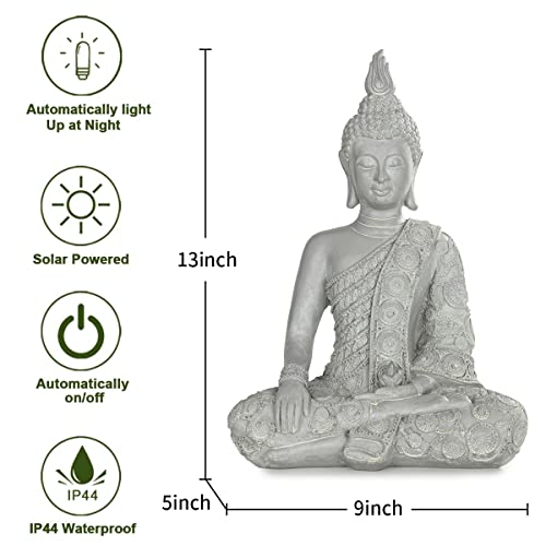 CHRUI Solar Outdoor Buddha Statue, 13 Inch Antique Thai Shakyamuni Sitting Statue Resin- Home & Outdoor Decor for Garden, Patio, Deck, Porch - Yard Art Decoration