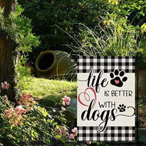 CROWNED BEAUTY Life Is Better with Dogs Garden Flag 12x18 Inch Double Sided Buffalo Plaid Outside Pet Welcome Yard Farmhouse Decor CF502