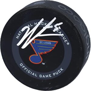 jordan binnington st. louis blues autographed 2019 model 1990s throwback logo official game puck – autographed nhl pucks