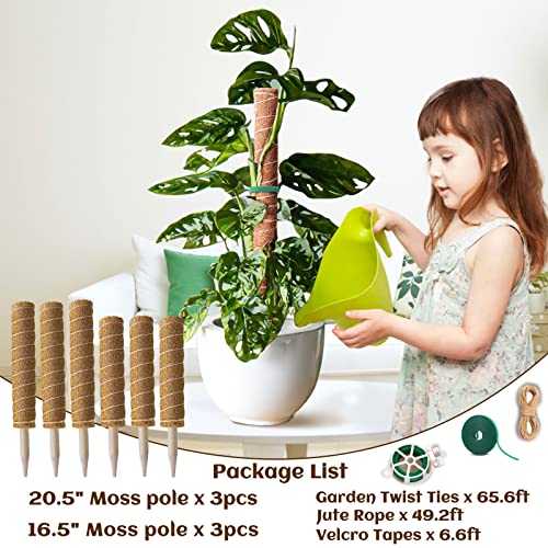 90 Inch Moss Pole for Plants Monstera, 6 Pcs Plant Pole for Climbing Plants - 16.5" and 20.5" Coir Totem Pole Monstera Stake, Moss Sticks for Indoor Plants Support Creepers Extension, with Garden Ties