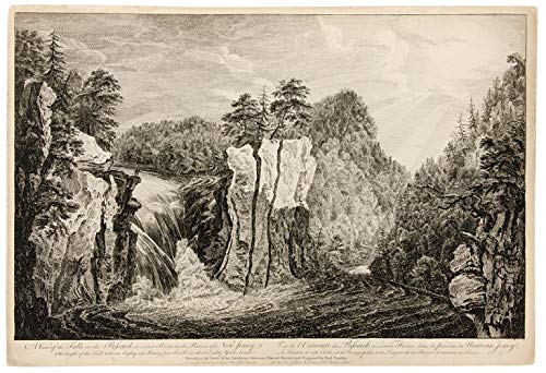 A View of the Falls on the Passaick, or second River, on the Province of New Jersey, The height of the Fall between Eighty and Ninety feet, the River about Eighty Yards broad. Vue de la Cataracte du Passaick, ou second Riviere, dans la province du Nouveau