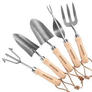 workpro garden tool set, 5 piece heavy duty steel gardening tools kit with wooden handle, includes hand trowel, transplanter, weeder, hand fork and hand rake, gardening gifts for women men