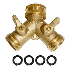 hqmpc garden hose y valve hose splitter brass hose splitter with solid brass handle brass y valve water garden hose adapter 2 way y valve 3/4″ ght thread extra 4 presure washers (1)