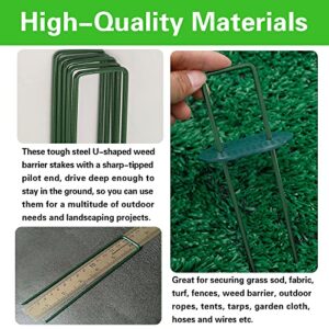 Bakulyor 50pcs Green Artificial Turf Stakes Staples + 50pcs Buffer Washer, 6 Inch 11 Gauge Landscape Staples, Galvanized Lawn Spikes, Heavy Duty Yard Ground Pin for Grass Weed Barrier Sod Fabric