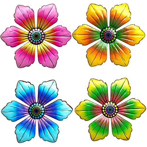 LITIALLY 4PCS Metal Flowers Outdoor Wall Decor, 6 Inch Metal Garden Wall Art Decorative, Metal Flower Outdoor Wall Sculptures Hanging Indoor Outdoor Home, Garden