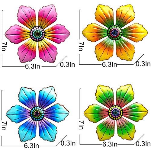 LITIALLY 4PCS Metal Flowers Outdoor Wall Decor, 6 Inch Metal Garden Wall Art Decorative, Metal Flower Outdoor Wall Sculptures Hanging Indoor Outdoor Home, Garden