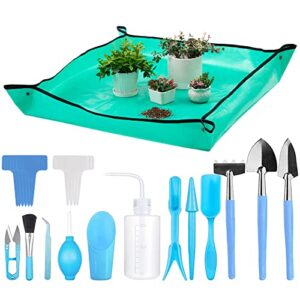 melphoe 23pcs mini garden hand transplanting succulent tools set, 39.4″ thickened repotting mat & plant tag, miniature planting indoor fairy care, potting, cactus, houseplant bonsai tool kit (blue)