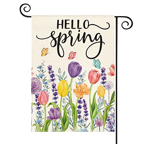 AVOIN colorlife Hello Spring Tulip Lavender Garden Flag 12 x 18 Inch Double Sided, Seasonal Flower Yard Outdoor Flag