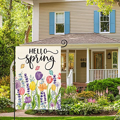 AVOIN colorlife Hello Spring Tulip Lavender Garden Flag 12 x 18 Inch Double Sided, Seasonal Flower Yard Outdoor Flag