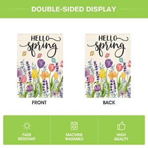 AVOIN colorlife Hello Spring Tulip Lavender Garden Flag 12 x 18 Inch Double Sided, Seasonal Flower Yard Outdoor Flag