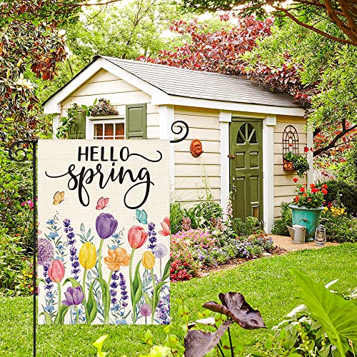 AVOIN colorlife Hello Spring Tulip Lavender Garden Flag 12 x 18 Inch Double Sided, Seasonal Flower Yard Outdoor Flag