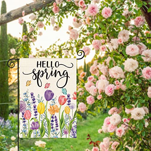 AVOIN colorlife Hello Spring Tulip Lavender Garden Flag 12 x 18 Inch Double Sided, Seasonal Flower Yard Outdoor Flag