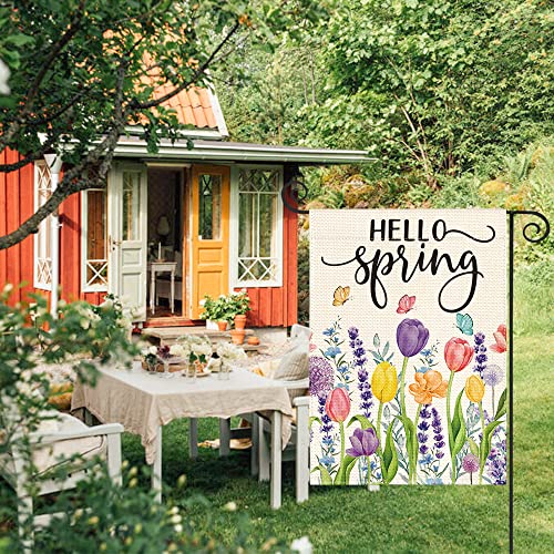 AVOIN colorlife Hello Spring Tulip Lavender Garden Flag 12 x 18 Inch Double Sided, Seasonal Flower Yard Outdoor Flag