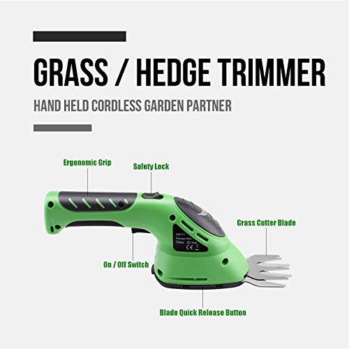 Lichamp 2-in-1 Electric Hand Held Grass Shear Hedge Trimmer Shrubbery Clipper Cordless Battery Powered Rechargeable for Garden and Lawn, CGS-3602 Grass Green