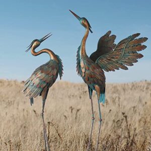 oritty crane statues for garden decor, metal yard art heron garden statues, standing garden sculptures & statues for yard decorations outdoor, 38-42 inch set of 2, copper