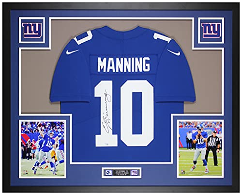 Eli Manning Autographed Blue New York Jersey - Beautifully Matted and Framed - Hand Signed By Manning and Certified Authentic by Fanatics - Includes Certificate of Authenticity