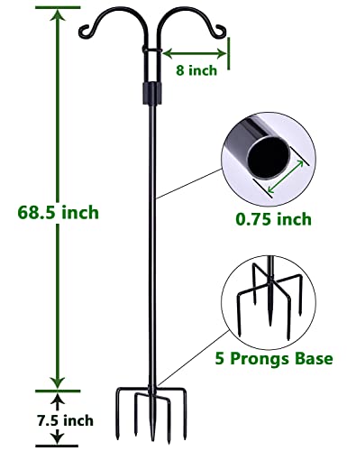 STAUKOK Double Shepherds Hooks for Outdoor, 2 Pack 76 Inch Bird Feeder Pole with 5 Prongs Base, Heavy Duty Garden Hook for Hanging Plant, Lantern, Hummingbird Feeder, 76 Inch