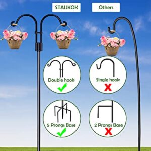 STAUKOK Double Shepherds Hooks for Outdoor, 2 Pack 76 Inch Bird Feeder Pole with 5 Prongs Base, Heavy Duty Garden Hook for Hanging Plant, Lantern, Hummingbird Feeder, 76 Inch