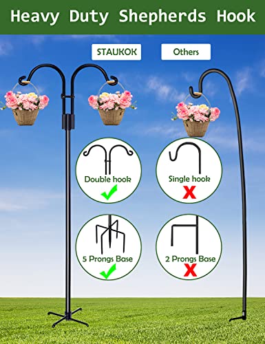 STAUKOK Double Shepherds Hooks for Outdoor, 2 Pack 76 Inch Bird Feeder Pole with 5 Prongs Base, Heavy Duty Garden Hook for Hanging Plant, Lantern, Hummingbird Feeder, 76 Inch