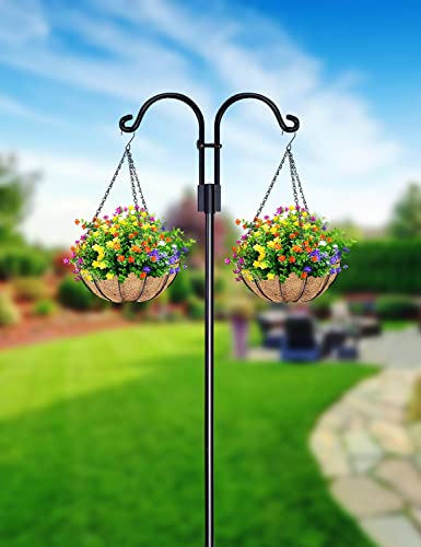 STAUKOK Double Shepherds Hooks for Outdoor, 2 Pack 76 Inch Bird Feeder Pole with 5 Prongs Base, Heavy Duty Garden Hook for Hanging Plant, Lantern, Hummingbird Feeder, 76 Inch