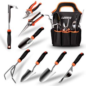 lanniu garden tool set, 9 piece stainless steel heavy duty gardening tool set, with non-slip rubber grip, storage pocket, ideal garden tool kit gift for women/parent