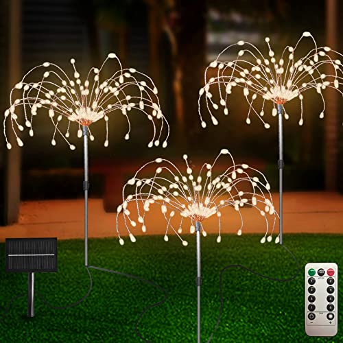 Outdoor Solar Garden Lights 3 Pack, 120 LED Copper Wire Light with Remote, 8 Lighting Modes Decorative Stake Landscape Light DIY Solar Firework Light for Garden Pathway Party Decor (Warm)