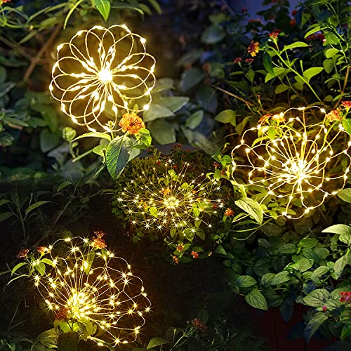 Outdoor Solar Garden Lights 3 Pack, 120 LED Copper Wire Light with Remote, 8 Lighting Modes Decorative Stake Landscape Light DIY Solar Firework Light for Garden Pathway Party Decor (Warm)