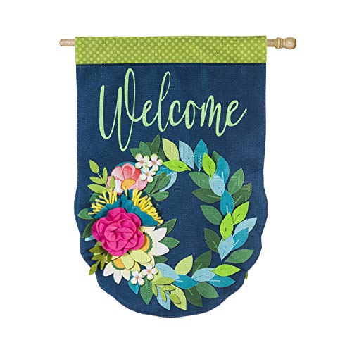 Evergreen Welcome Spring Floral Wreath House Size Flag | Double Sided & 3D Applique Stitching Burlap | Blue Green Pink | 44-in x 28-in | Outdoor Home Décor Lawn Yard Patio Deck Porch