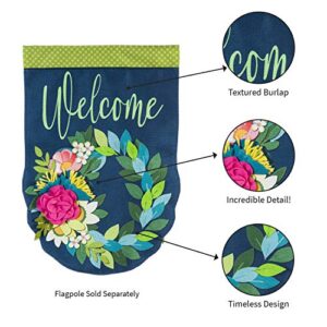 Evergreen Welcome Spring Floral Wreath House Size Flag | Double Sided & 3D Applique Stitching Burlap | Blue Green Pink | 44-in x 28-in | Outdoor Home Décor Lawn Yard Patio Deck Porch